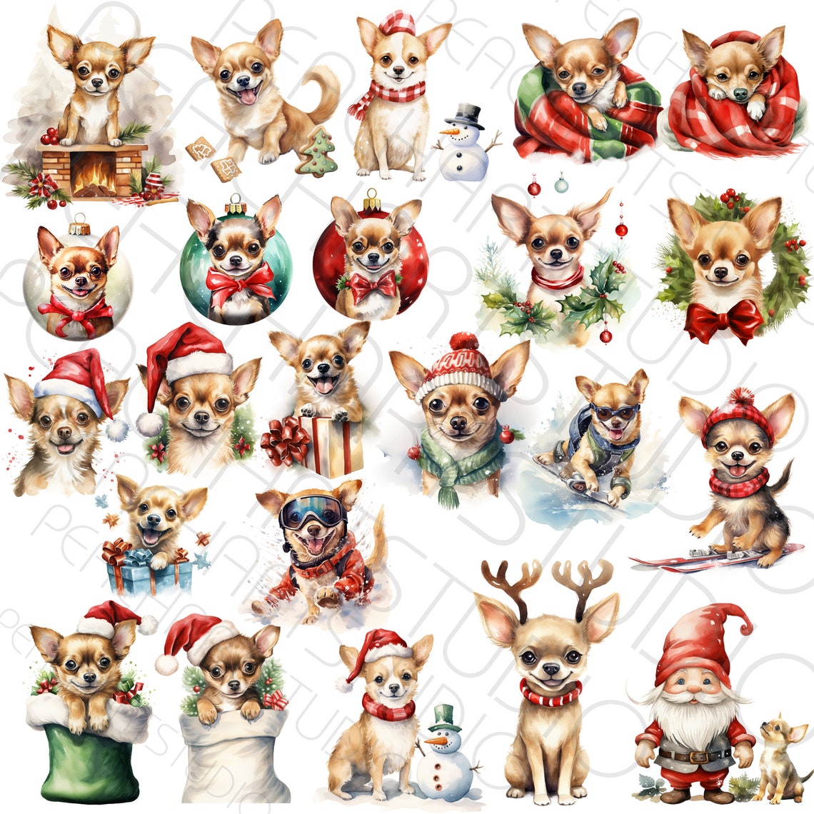 Christmas Dogs Watercolor Clipart Bundle 50 PNG Festive Chihuahua, Cozy ...