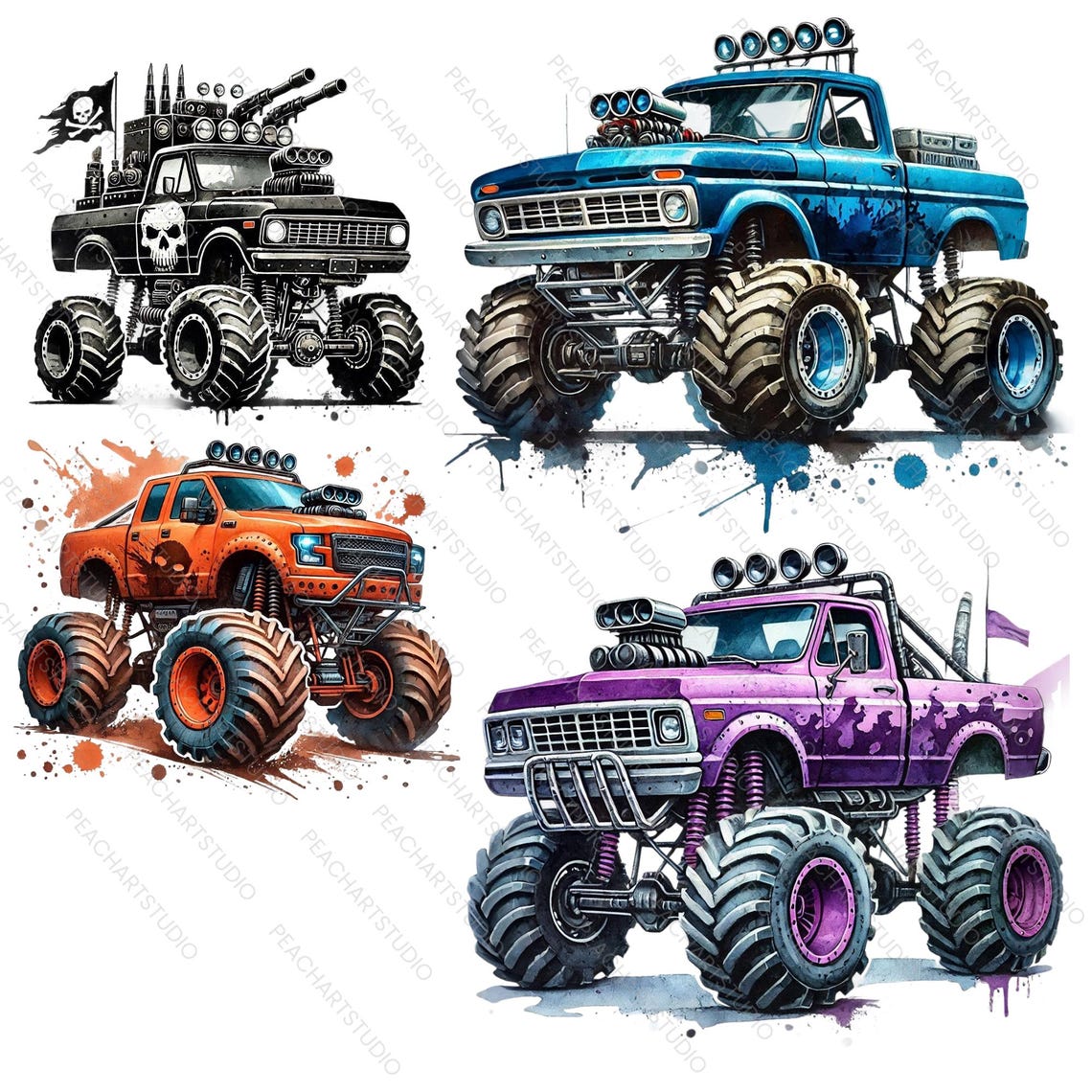 Watercolor Monster Truck Clipart Bundle - 20 Designs. Monster Truck Png ...