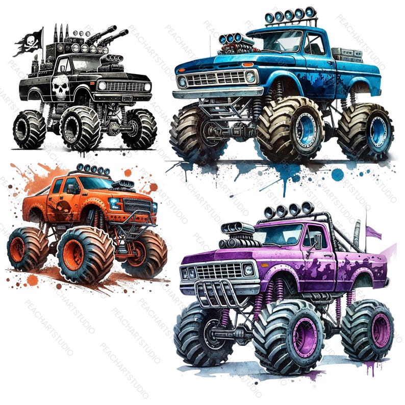 Watercolor Monster Truck Clipart Bundle - 20 Designs. Monster Truck Png ...
