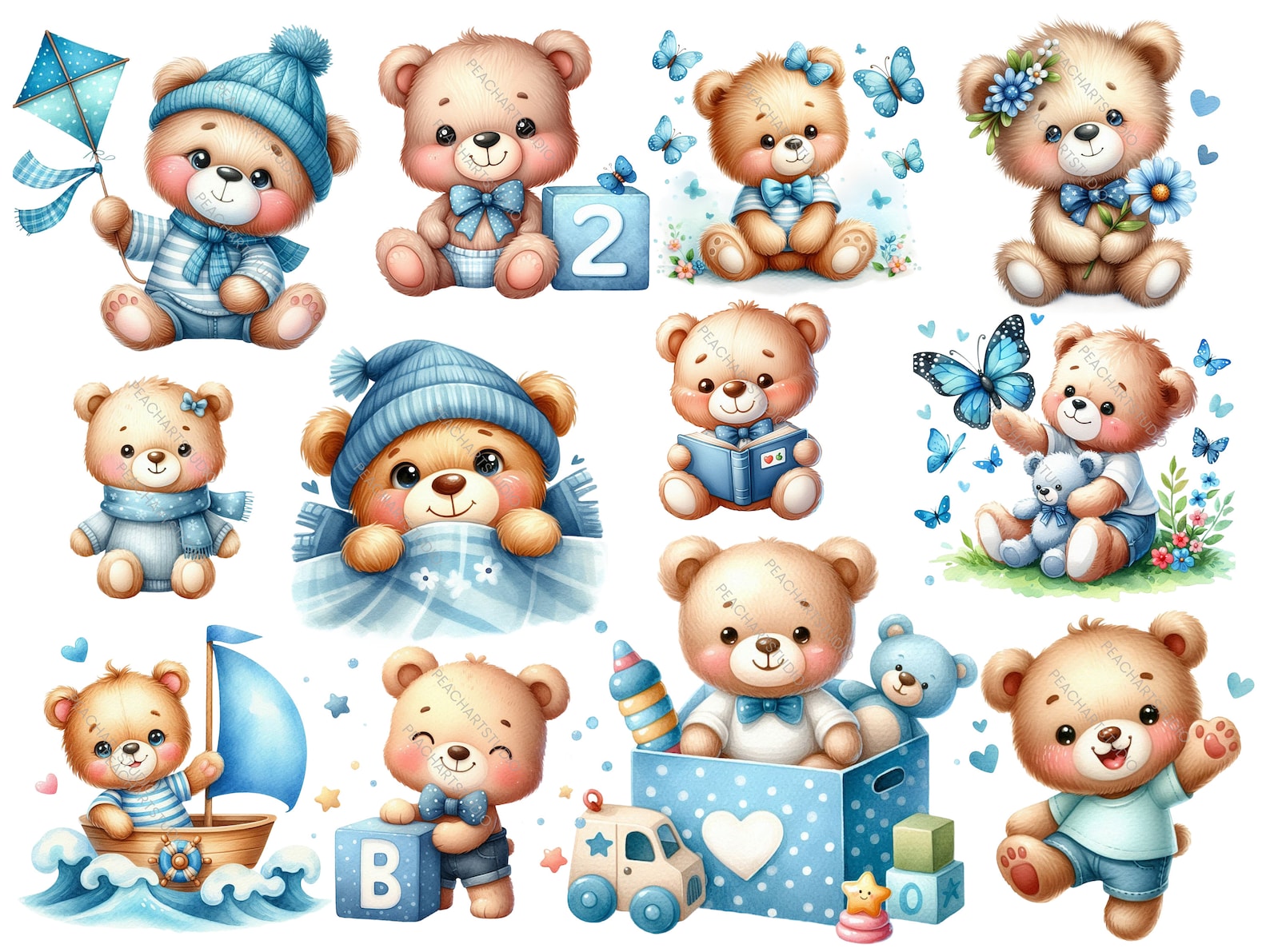 Watercolor Blue Teddy Bear Clipart Baby Shower, Cute Teddy Bear, Blue ...