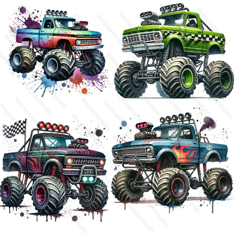 Watercolor Monster Truck Clipart Bundle - 20 Designs. Monster Truck Png ...