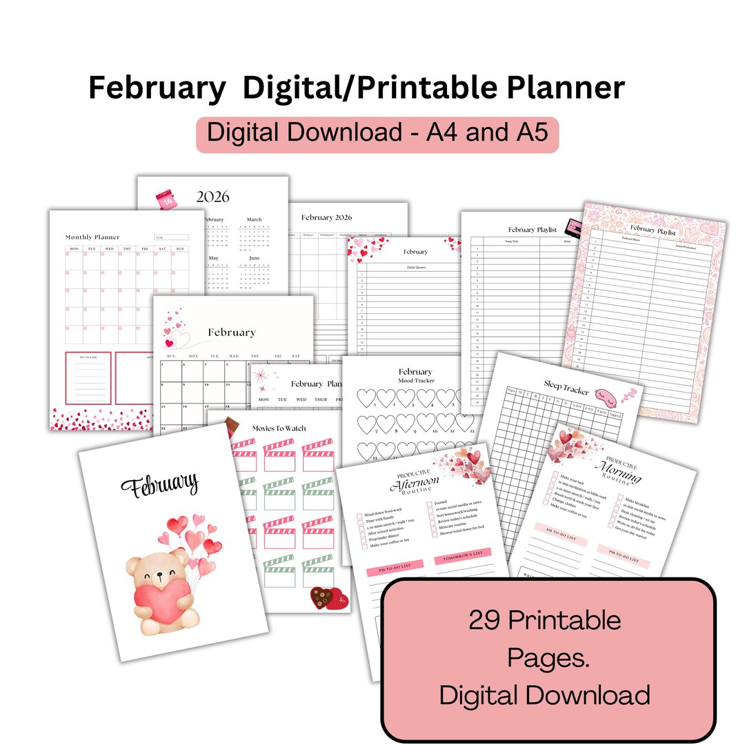 February Monthly Planner, Printable, Digital, Valentine’s Day Theme ...