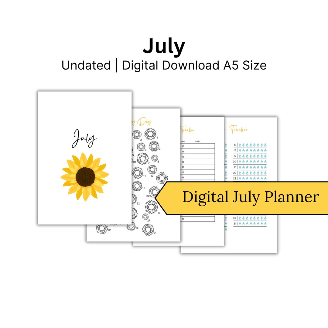 Undated July Sunflower Theme Planner Template Bullet Journal, A5 PDF ...
