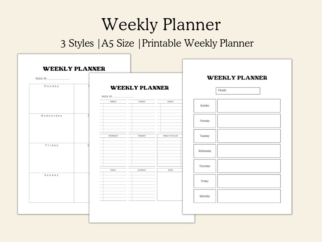 Basic Weekly Planner 3 Styles A5 Size Printable Journal Page Agenda ...