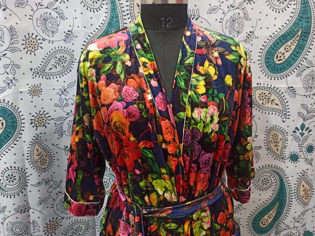 Printed Velvet Floral Print Kimono Robe for Women , Bath Robe , House ...