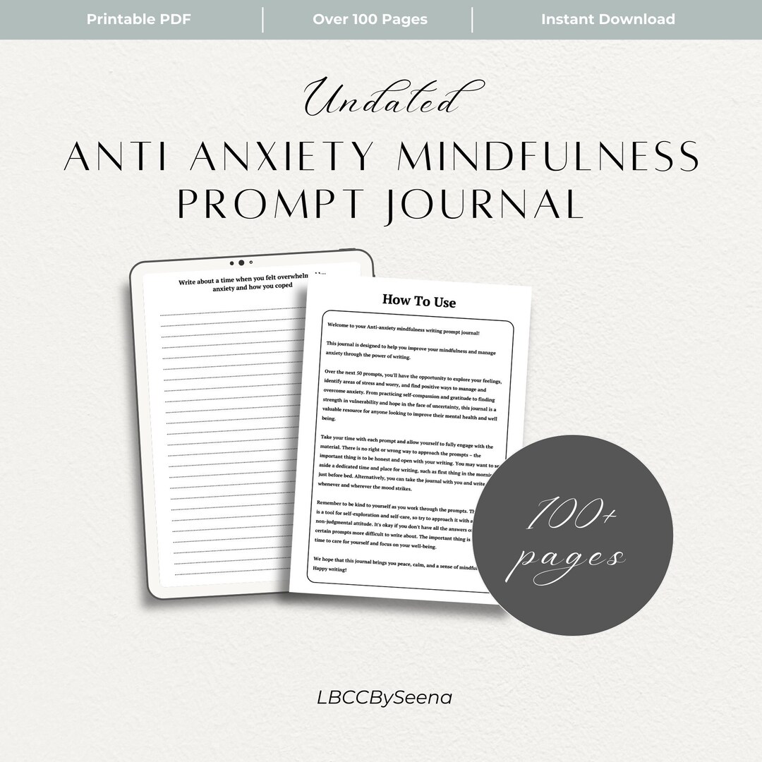 Anti-anxiety Mindfulness Prompt Journal 100 Prompts Printable Anxiety ...