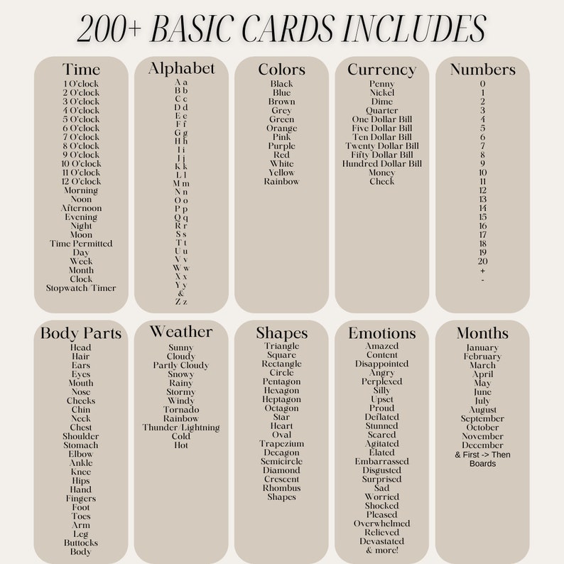 200+ Basic Cards With Charts/ Autism/ Visual Aid/ ABA Therapy/ 2024 ...