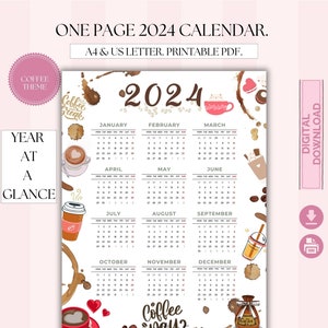 Coffee One Page 2024 Calendar. Printable 2024 Calendar. Year at a ...
