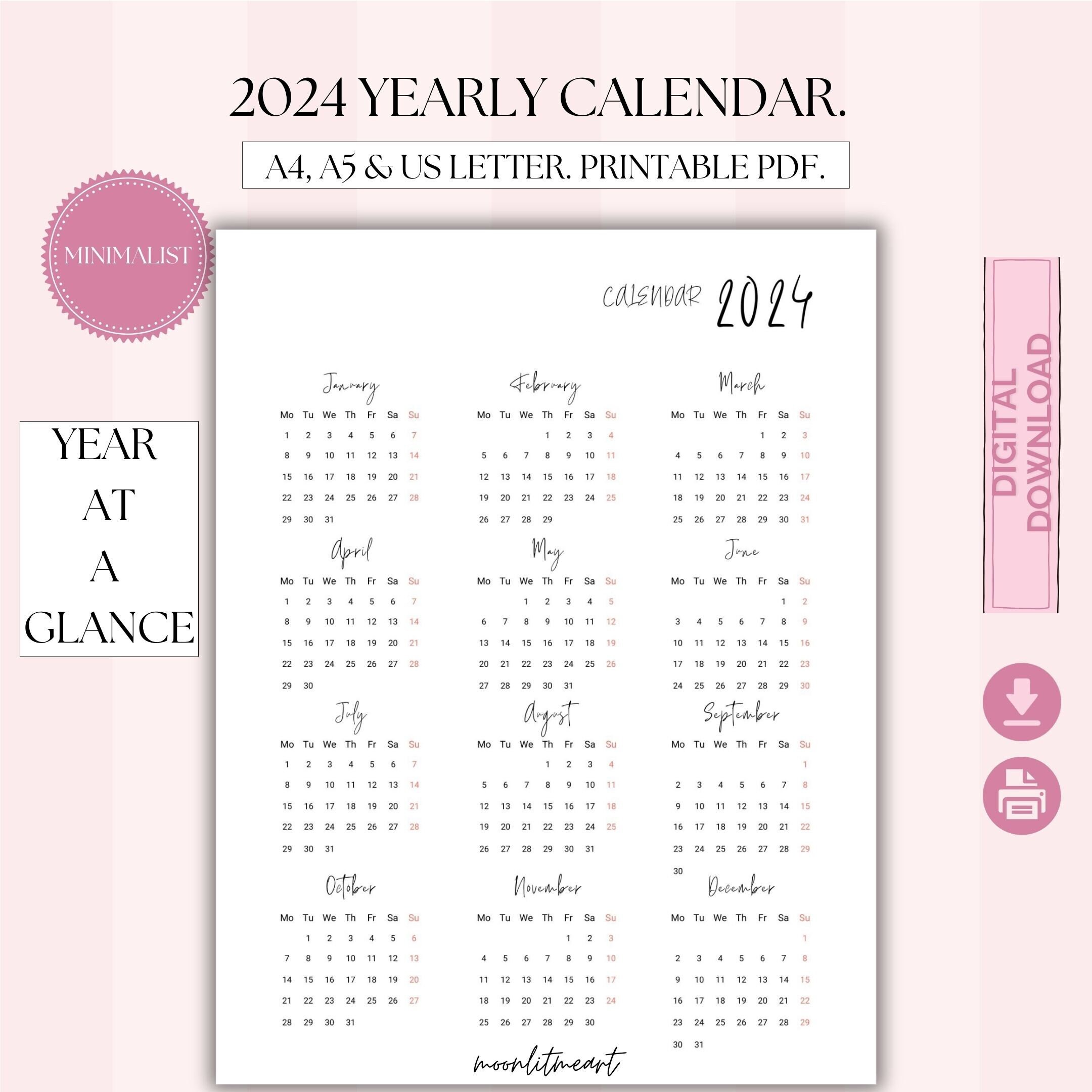 2024 Yearly Calendar. One Page Yearly Calendar. Calendar 2024 Printable ...