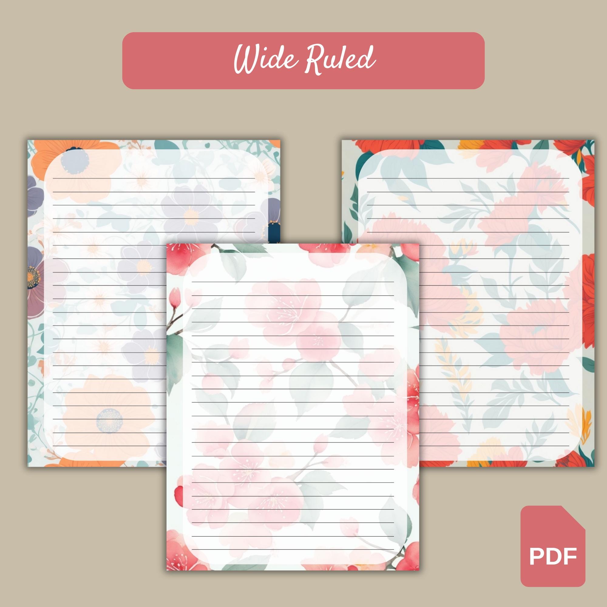 Floral Printable Note Pages: Wide-ruled Journal Paper (PDF Digital ...
