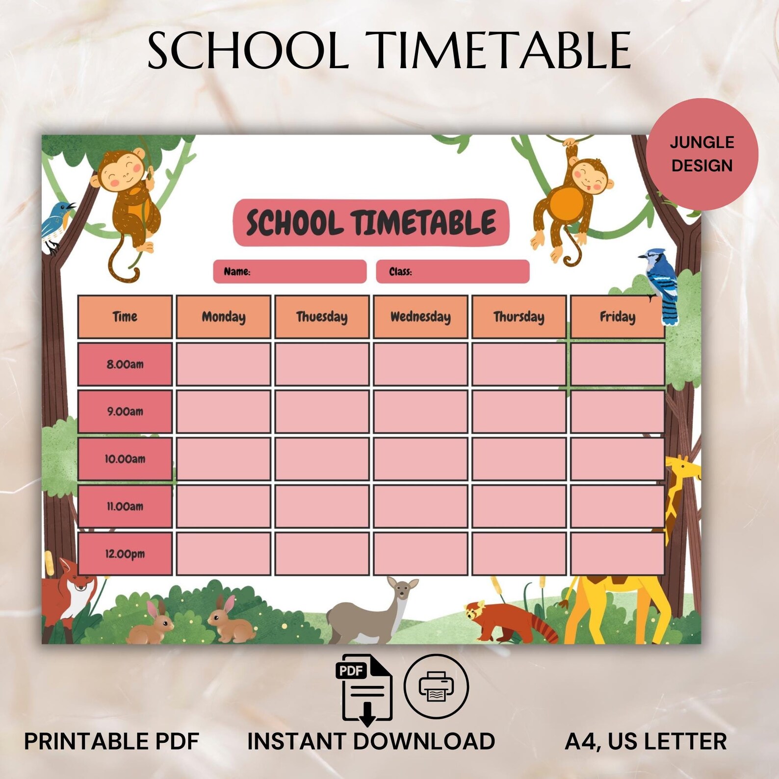 Jungle-themed School Timetable Printable, Elementary Class Schedule ...