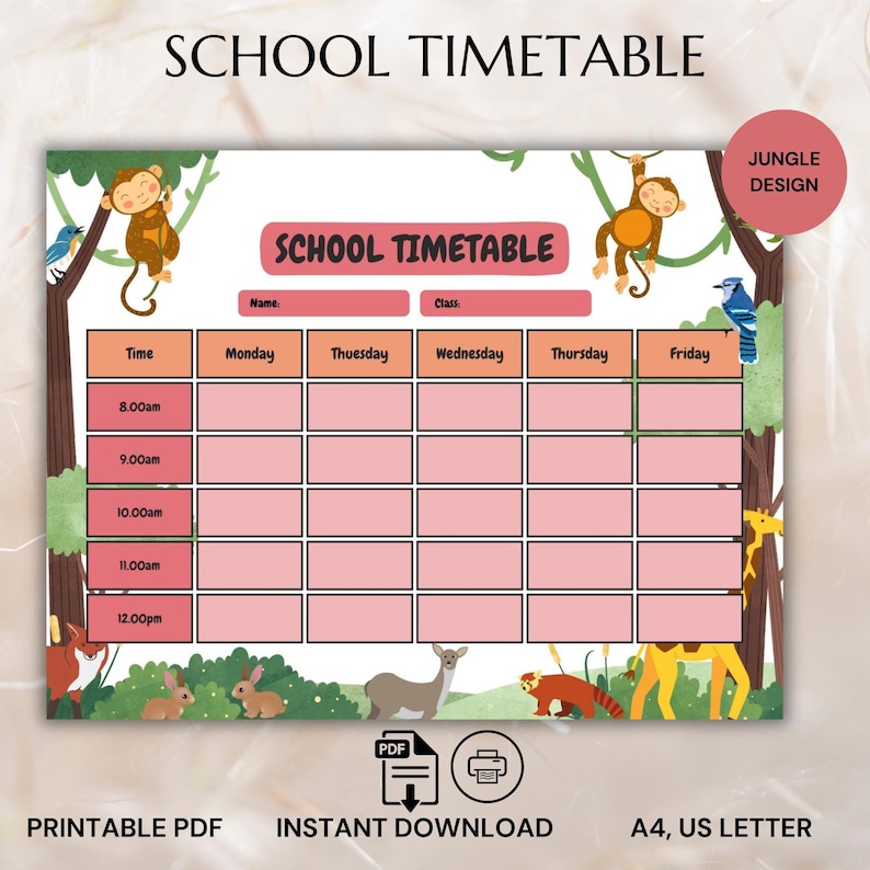 Jungle-themed School Timetable Printable, Elementary Class Schedule ...