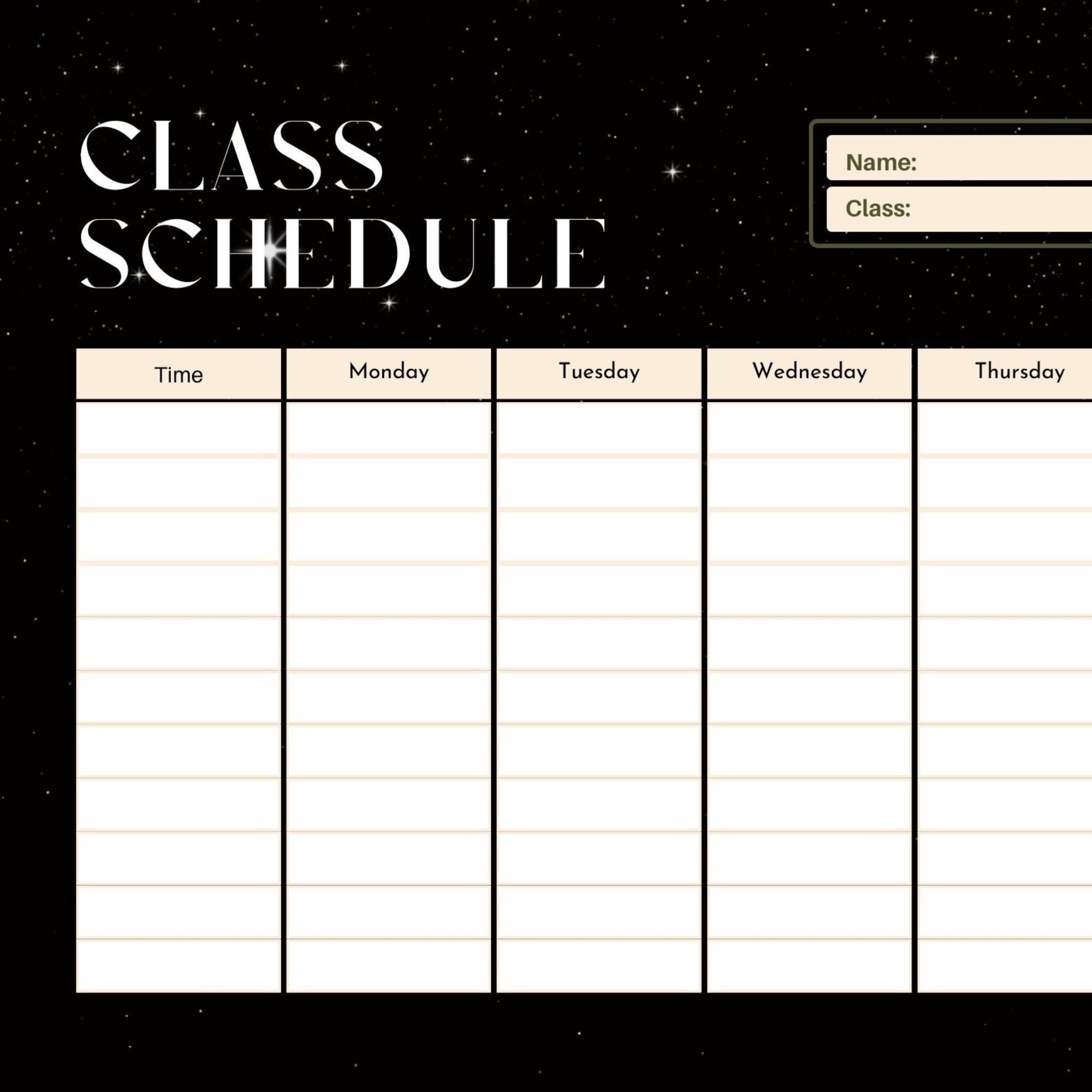 Class Schedule Template, Printable Weekly Planner PDF, Black Design ...