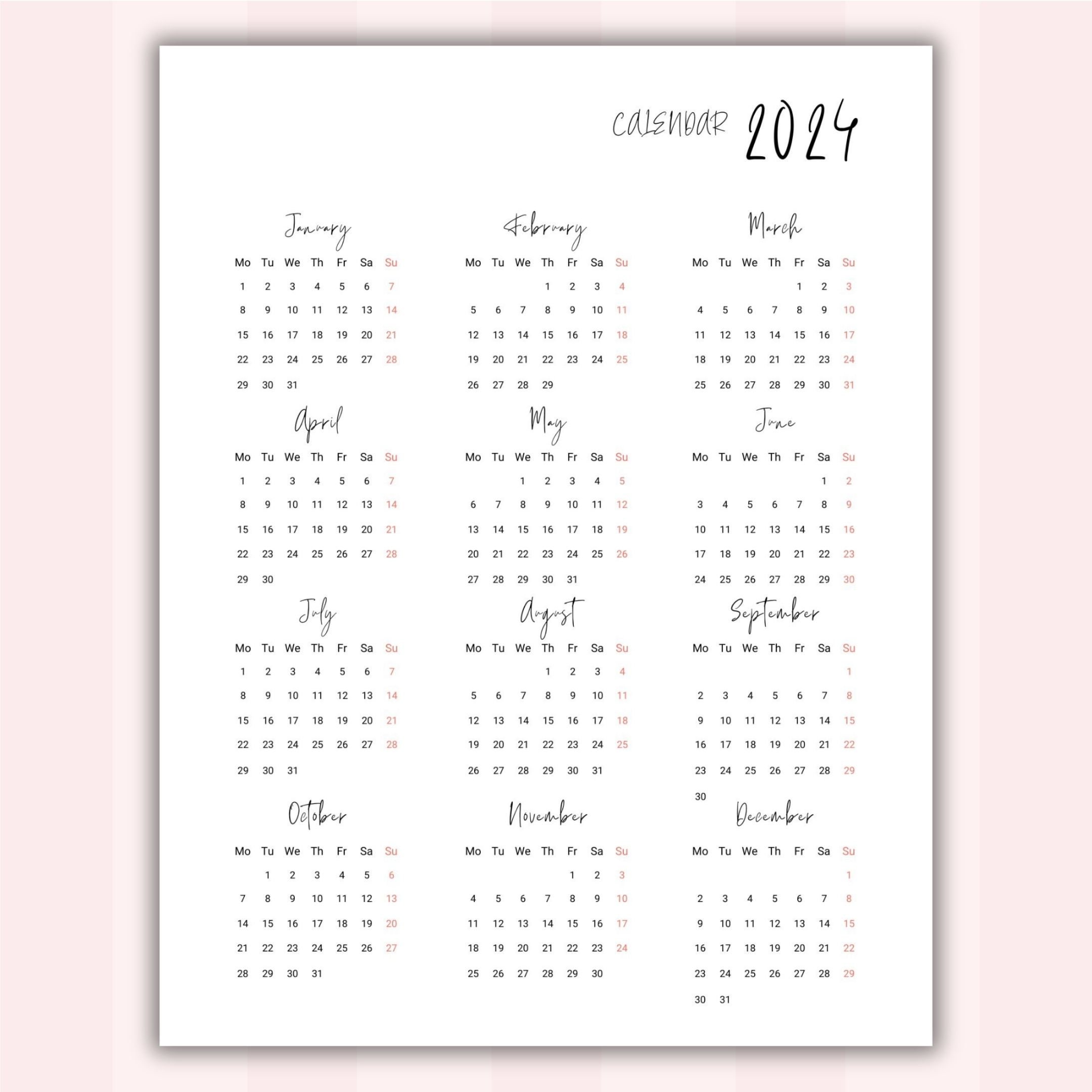 2024 Yearly Calendar. One Page Yearly Calendar. Calendar 2024 Printable ...