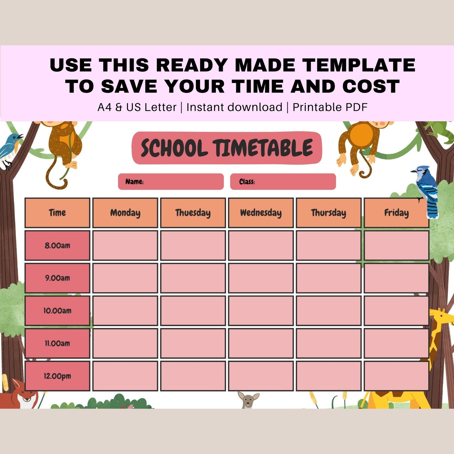 Jungle-themed School Timetable, Printable School Timetable, Elementary ...