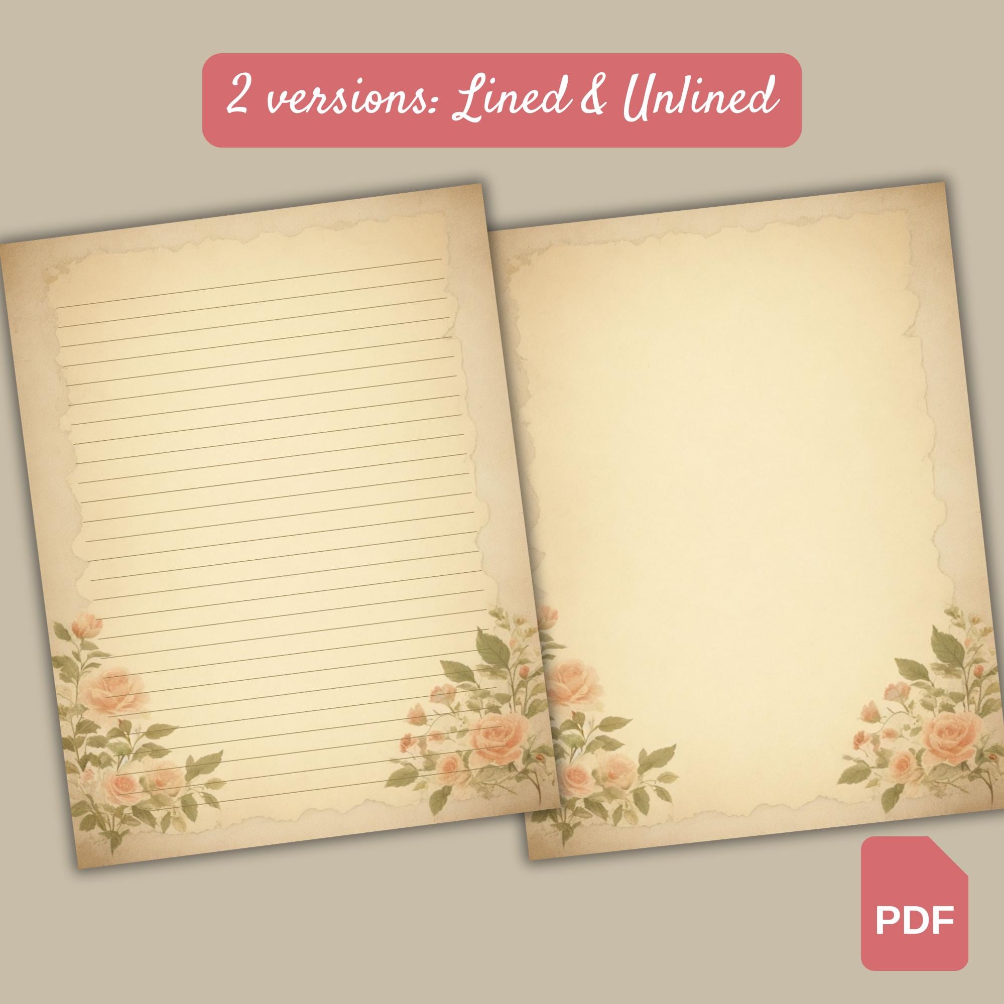 15 Vintage Lined Note Pages Printable PDF, Antique Stationery for ...