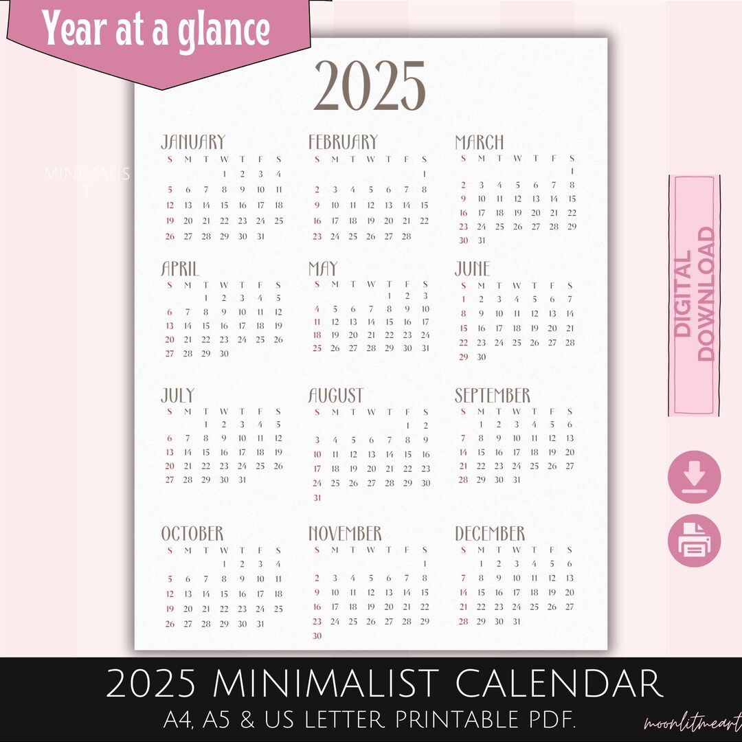 2025 Calendar Minimalist 2025 Year at a Glance A4, A5 & US Letter in ...