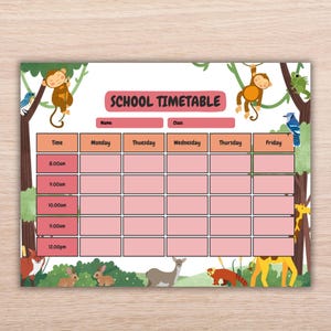 Jungle-themed School Timetable Printable, Elementary Class Schedule ...