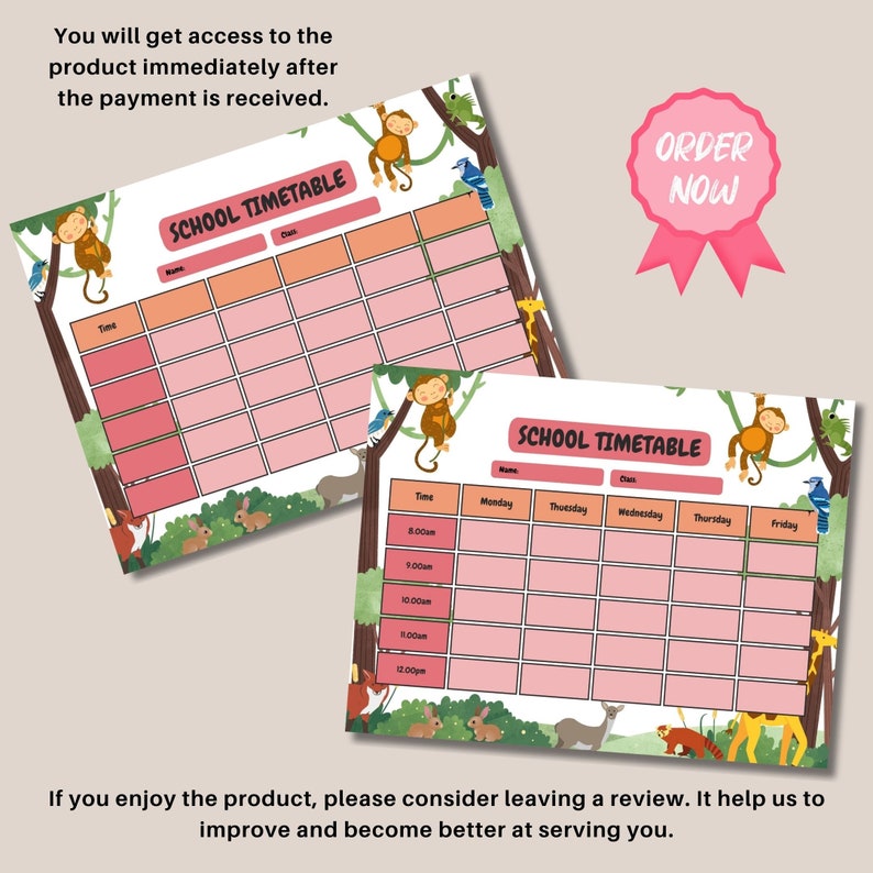 Jungle-themed School Timetable, Printable School Timetable, Elementary ...