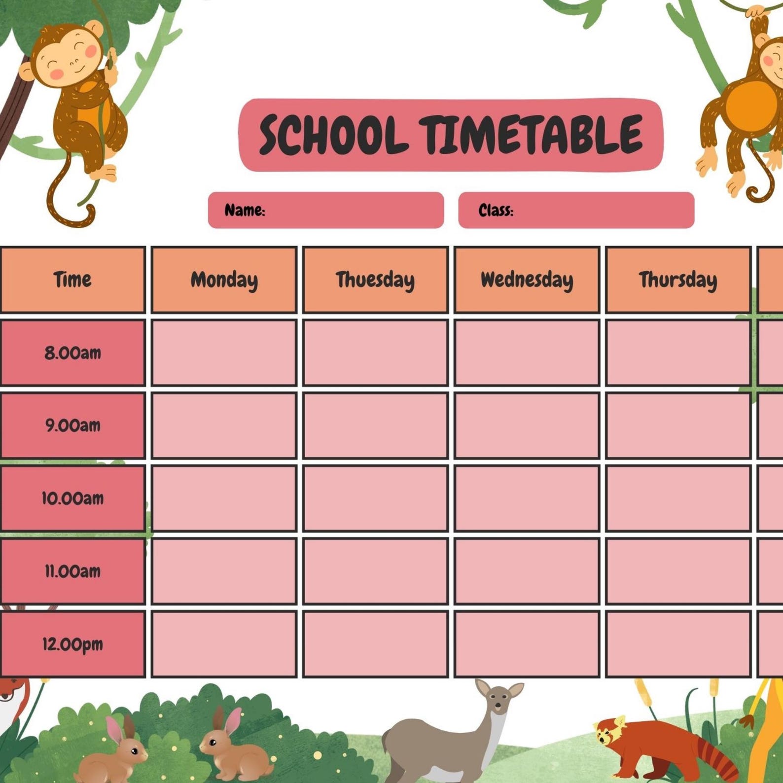 Jungle-themed School Timetable Printable, Elementary Class Schedule ...