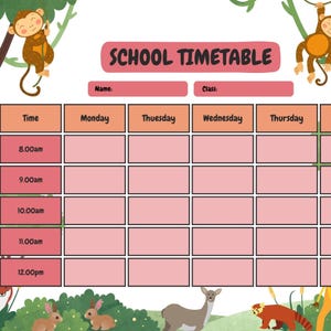 Jungle-themed School Timetable Printable, Elementary Class Schedule ...