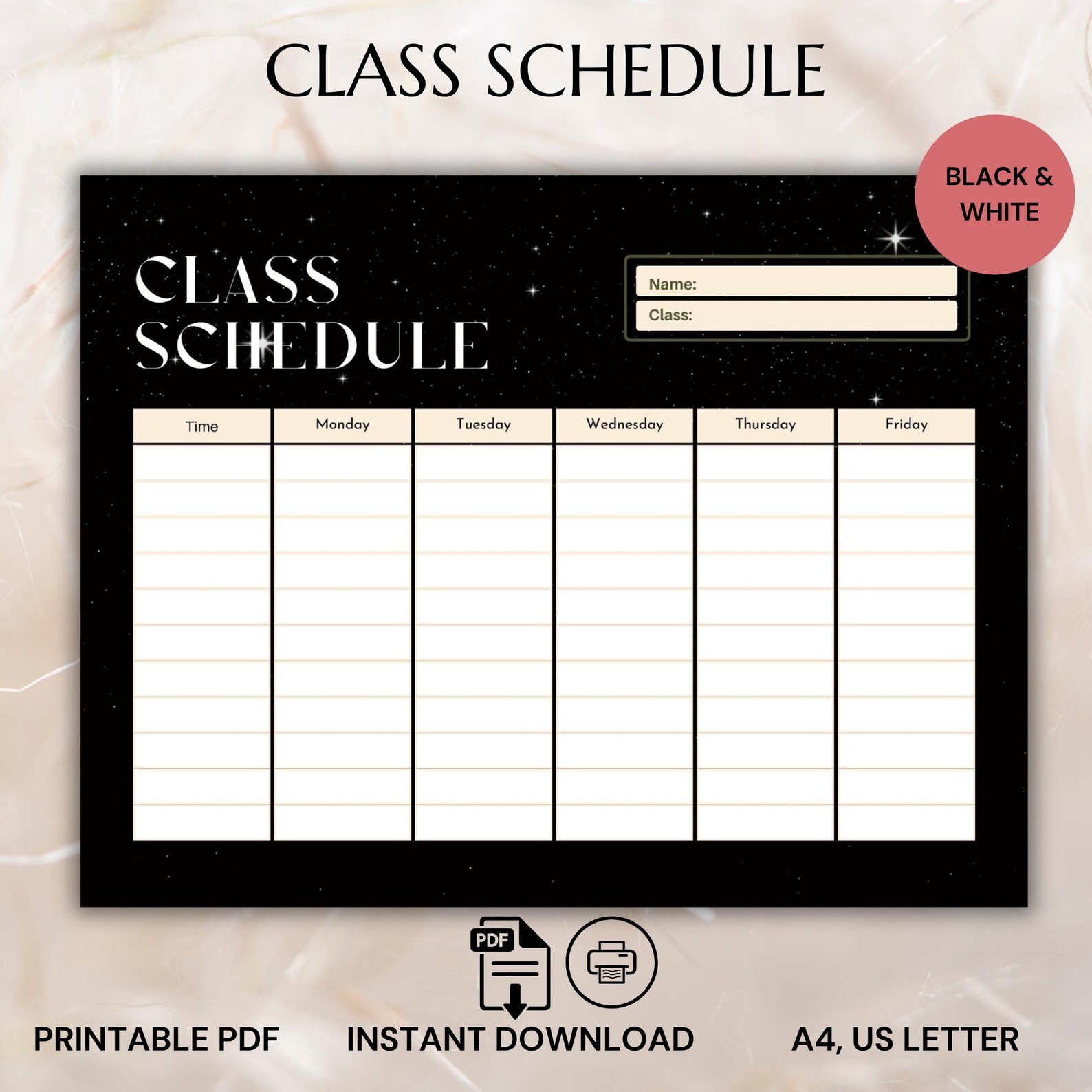Class Schedule Template, Printable Weekly Planner PDF, Black Design ...