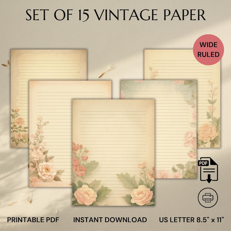 15 Vintage Lined Note Pages Printable PDF, Antique Stationery for ...
