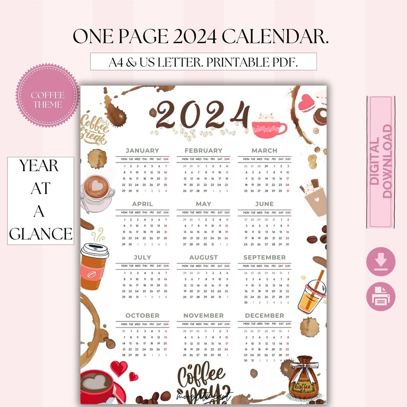 Coffee One Page 2024 Calendar. Printable 2024 Calendar. Year at a ...