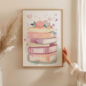 Pastel Watercolor Book Stack Wall Art, Stack of Books Whimsical Bookish ...