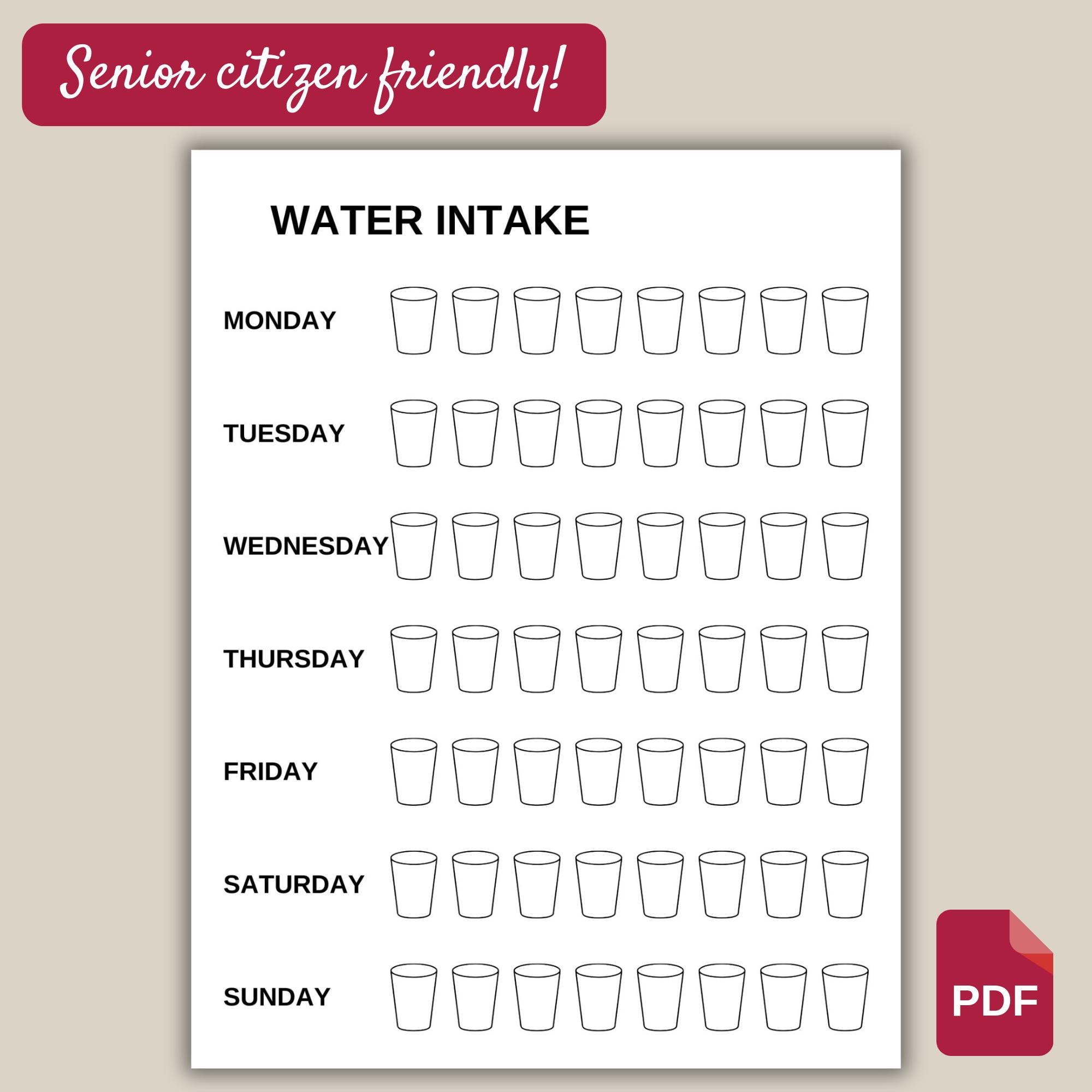 Large Print Water Intake Tracker PDF, Easy to Read Senior-friendly ...