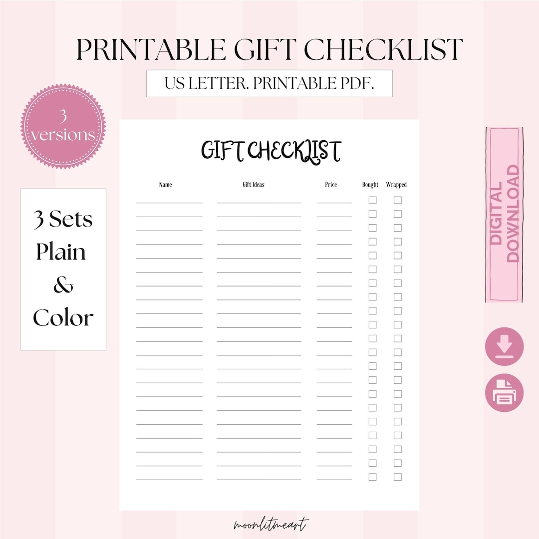 Gift Checklist. Holiday Gift List. Gift Shopping List. Gift List ...