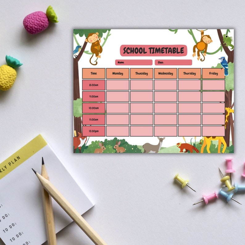 Jungle-themed School Timetable, Printable School Timetable, Elementary ...