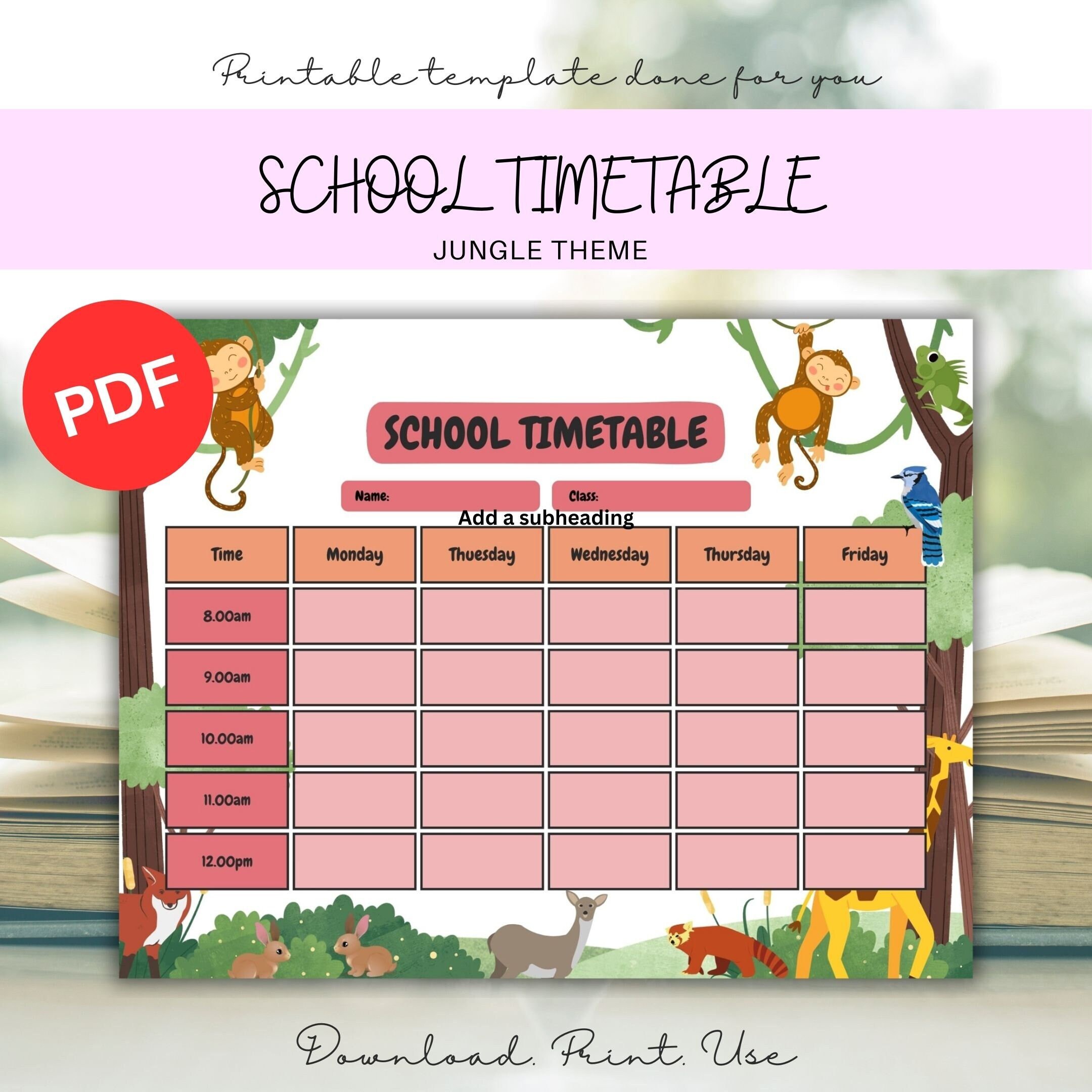 Jungle-themed School Timetable, Printable School Timetable, Elementary ...