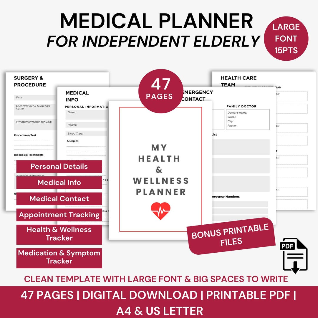 Printable Senior Medical Binder: Large Font Health Planner (A4/US ...