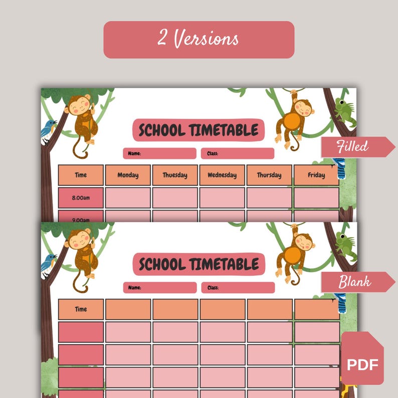 Jungle-themed School Timetable Printable, Elementary Class Schedule ...