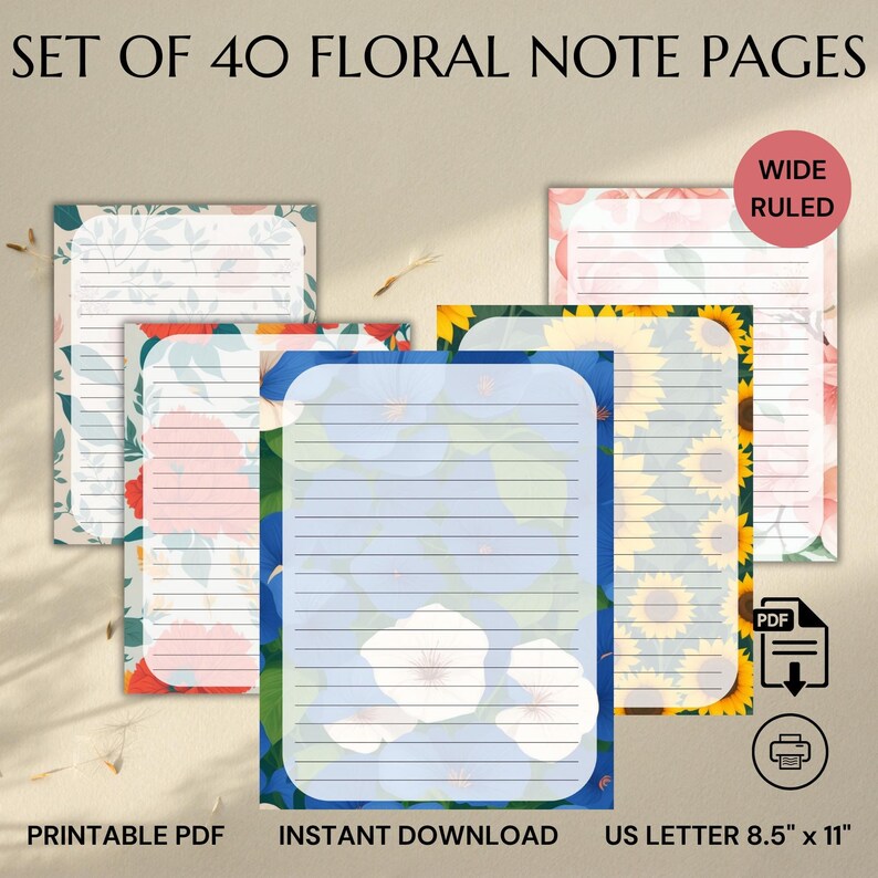 Elegant Floral Printable Note Pages, 40 Wide-ruled Sheets for ...