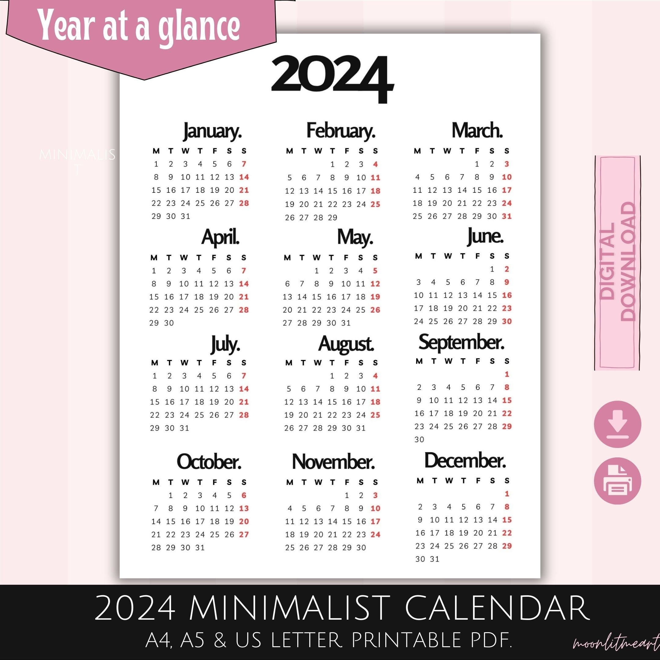 Printable 2024 Calendar Minimalist Calendar Printable 2024 Year at a ...
