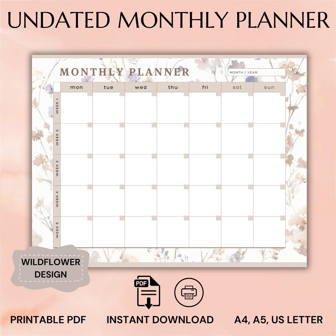 Undated Monthly Planner Printable Landscape, Wildflower Design, One ...