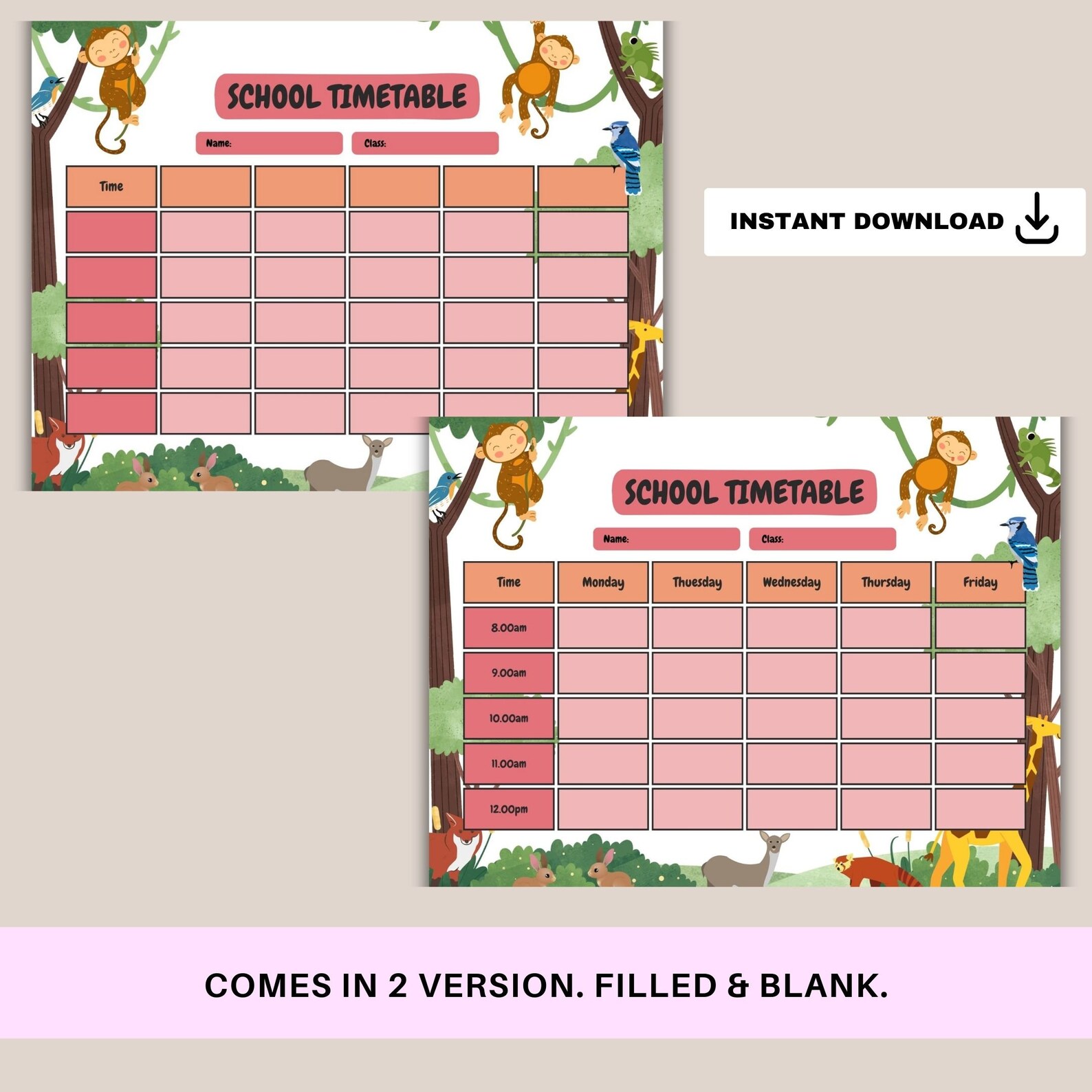 Jungle-themed School Timetable, Printable School Timetable, Elementary ...