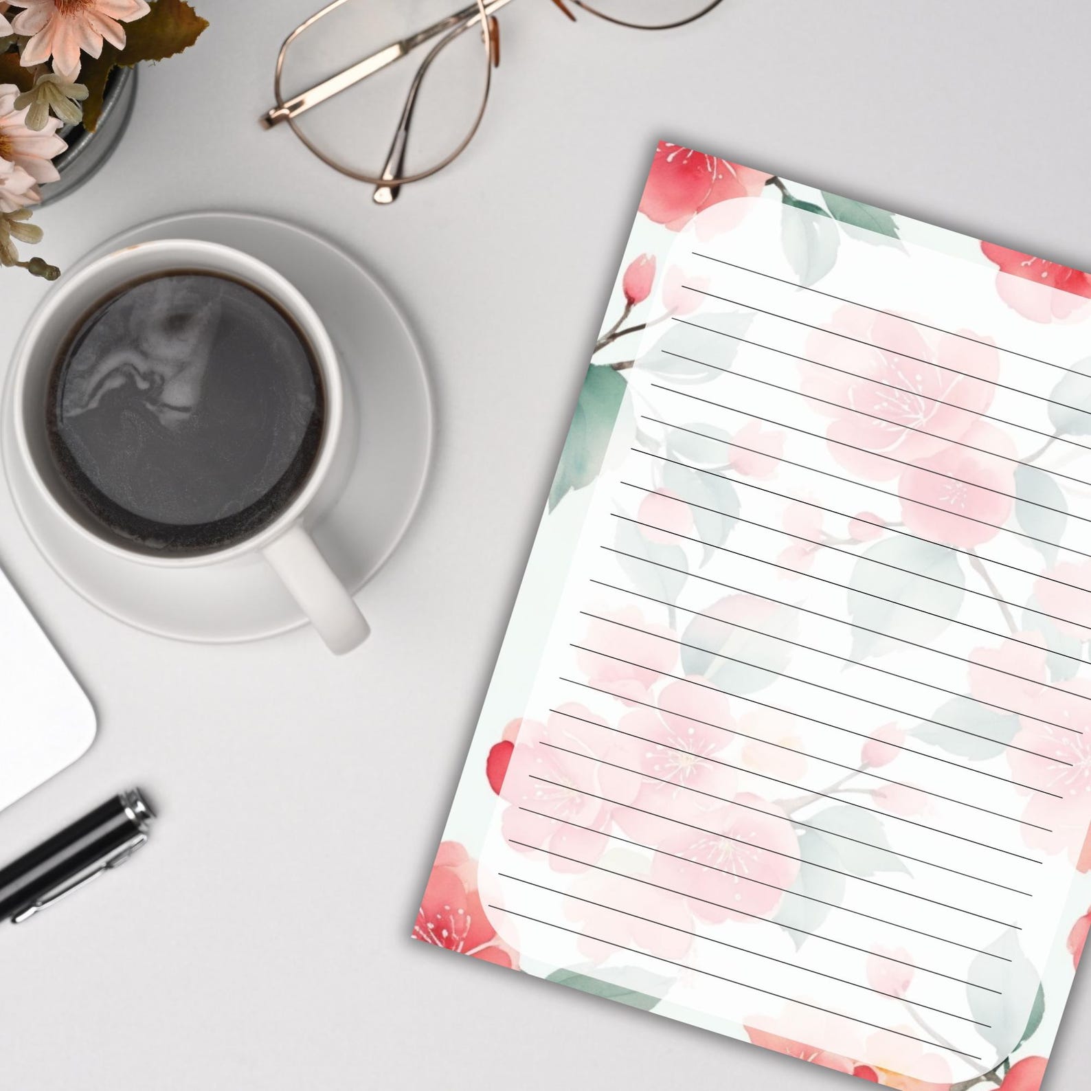 Floral Printable Note Pages: Wide-ruled Journal Paper (PDF Digital ...