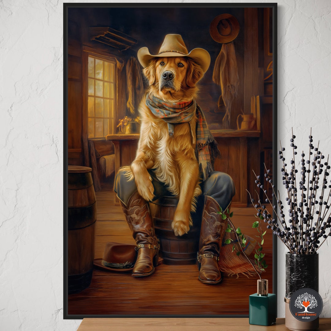 Golden Retriever Cowboy Art Print - Western Dog Wall Decor, Rustic ...