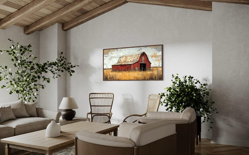 Rustic Red Barn Wall Art, Vintage Farmhouse Landscape Country Print ...