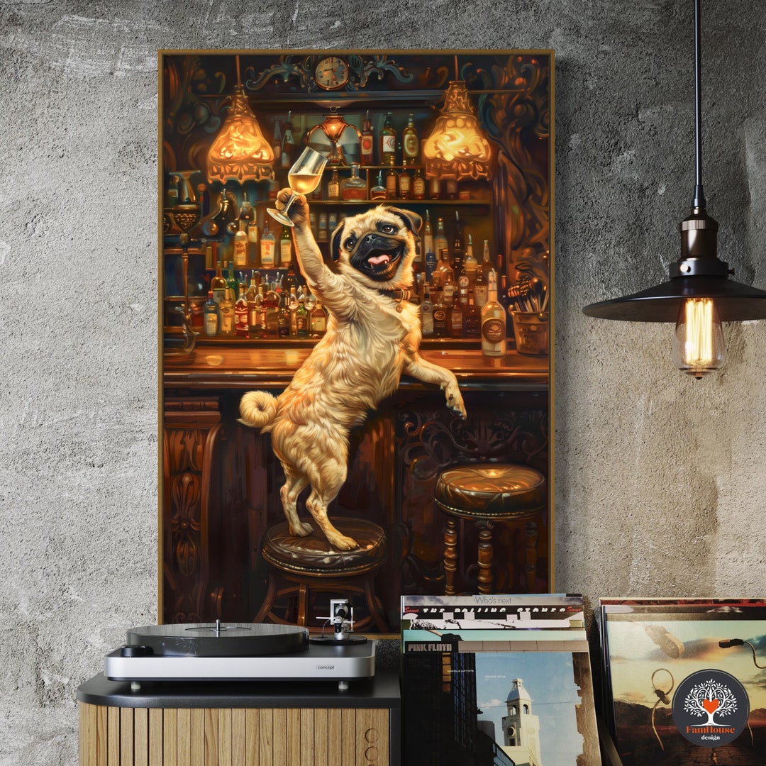 Whimsical Pug Bar Art Personalized Pug Poster for Pet Lover Gift, Funny ...