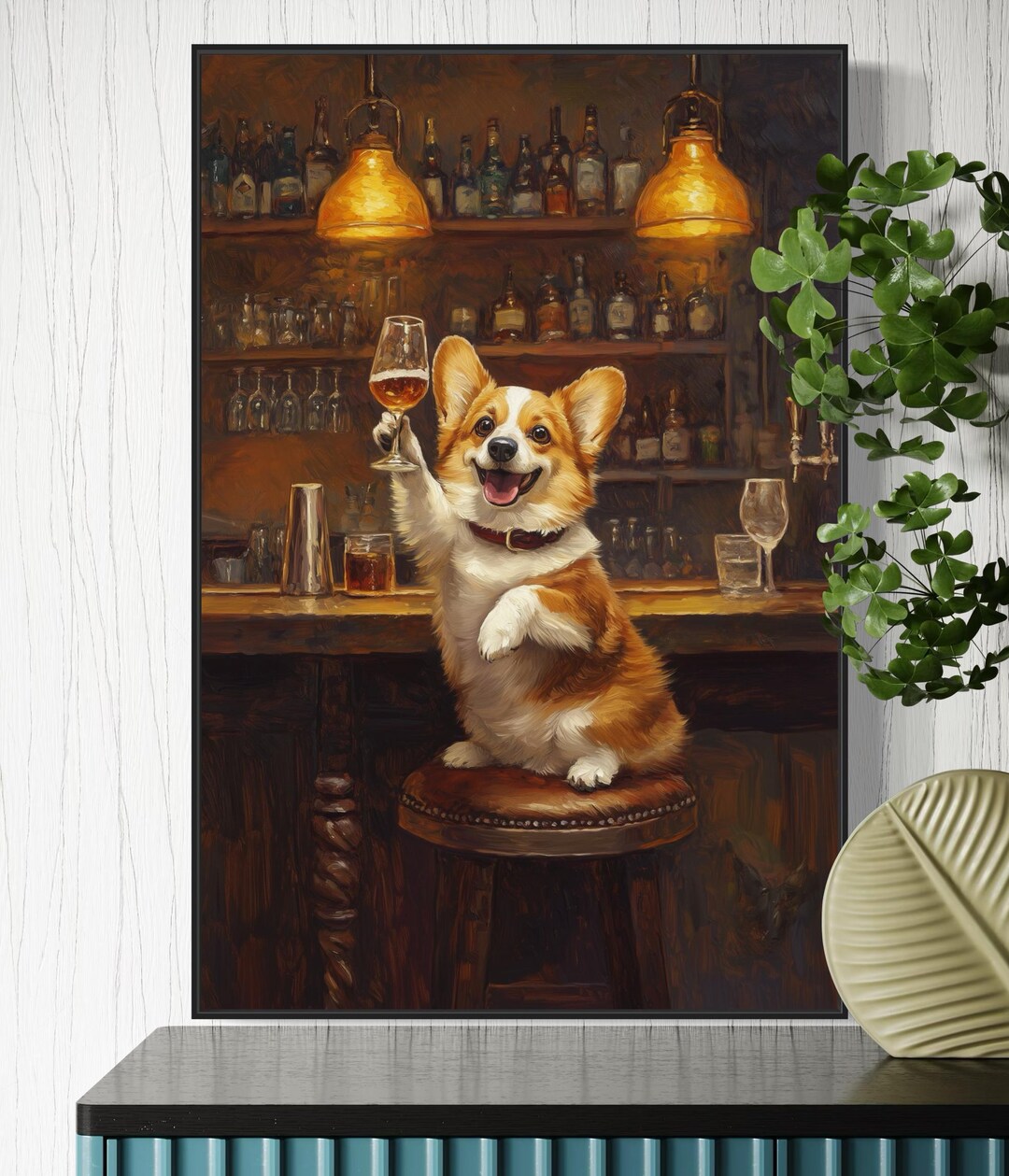 Cheerful Corgi Wall Art - Funny Bar Dog Print, Whiskey Lover Canvas ...