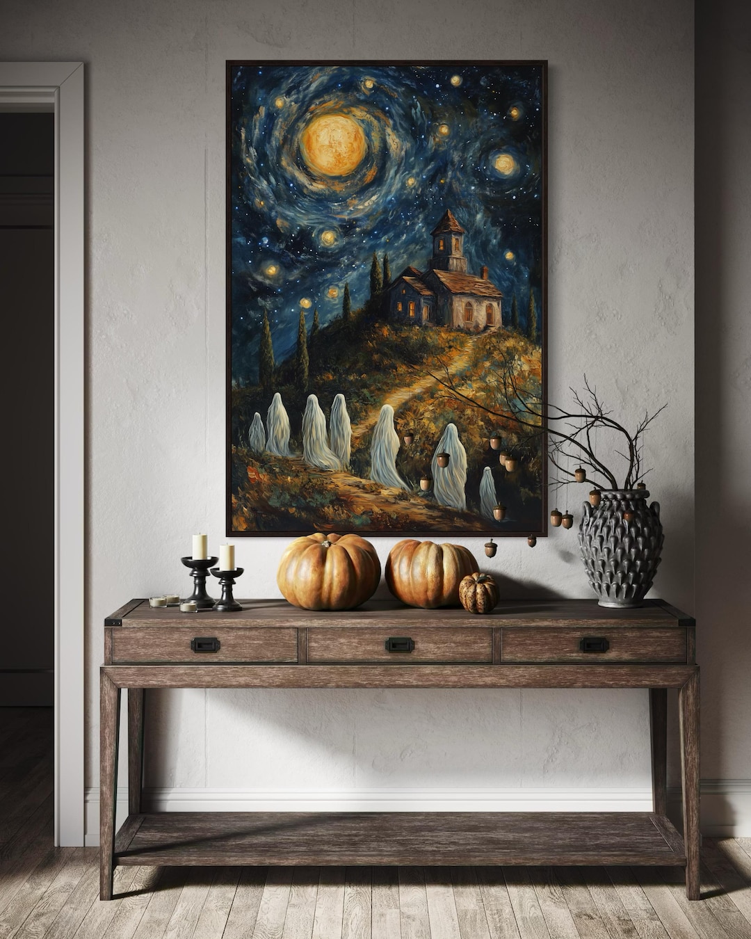 Ghosts Starry Night Wall Art – Spooky Halloween Church Print, Gothic ...