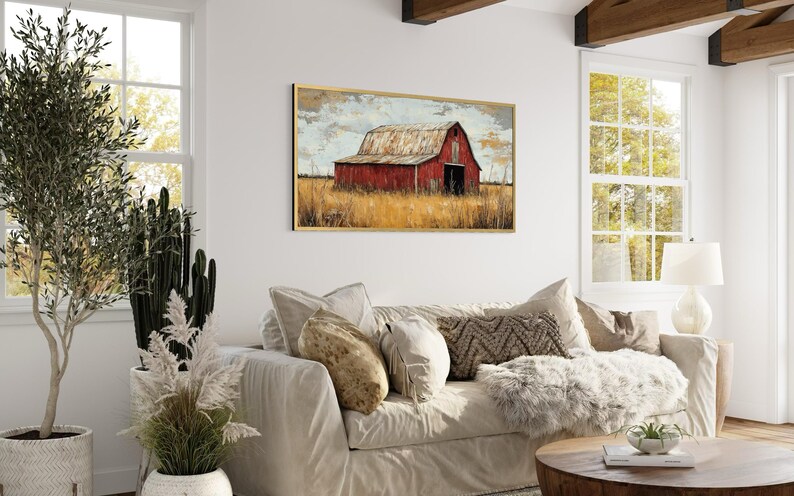 Rustic Red Barn Wall Art, Vintage Farmhouse Landscape Country Print ...