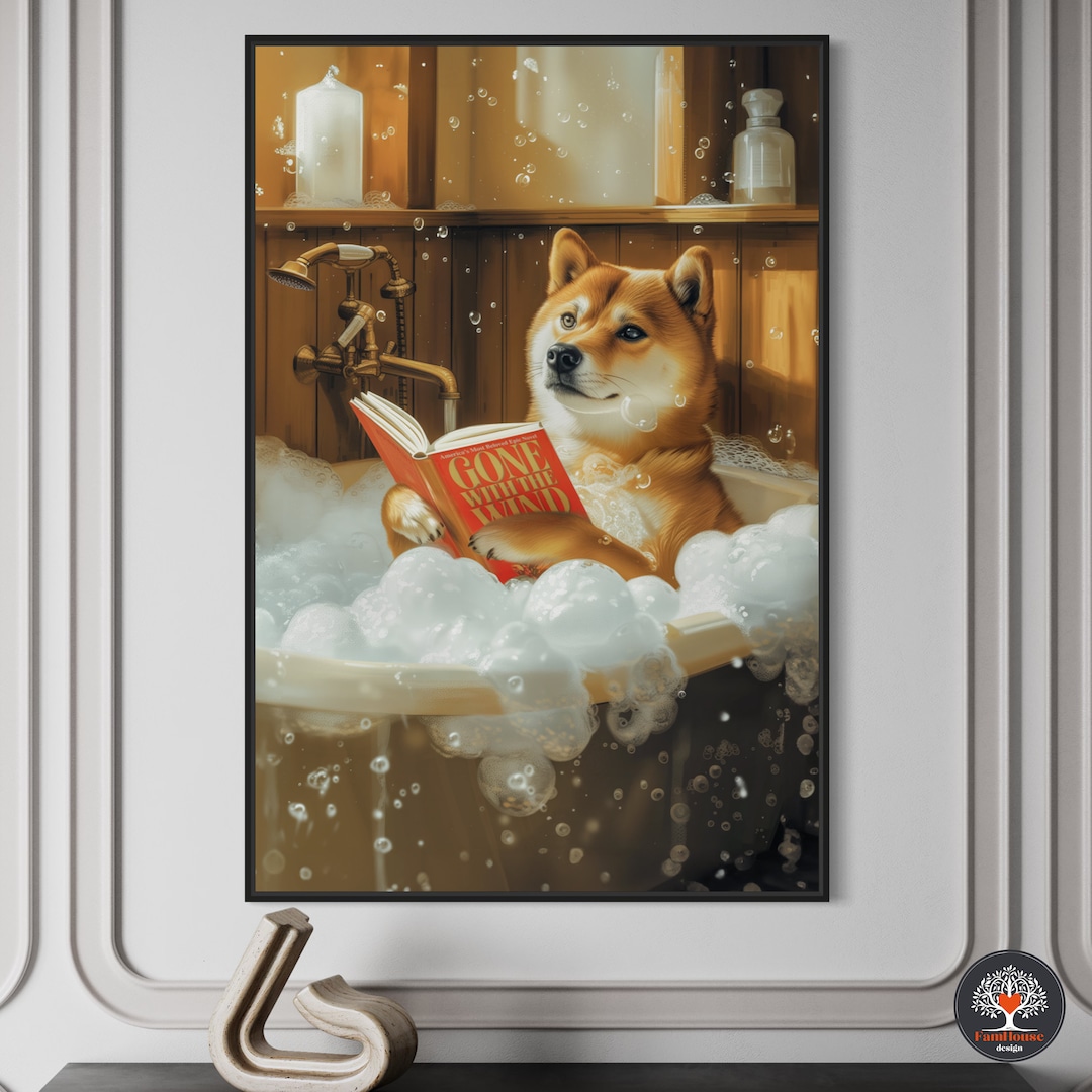 Shiba Inu Dog in Bathtub Wall Art Custom Dog Portrait Funny Bathroom ...