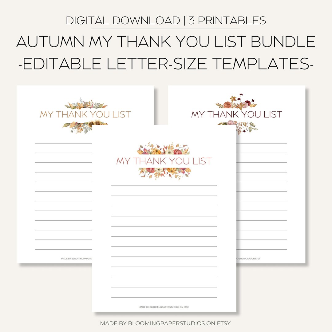 Autumn My Thank You List Template Bundle, Fall Watercolor Thank You ...