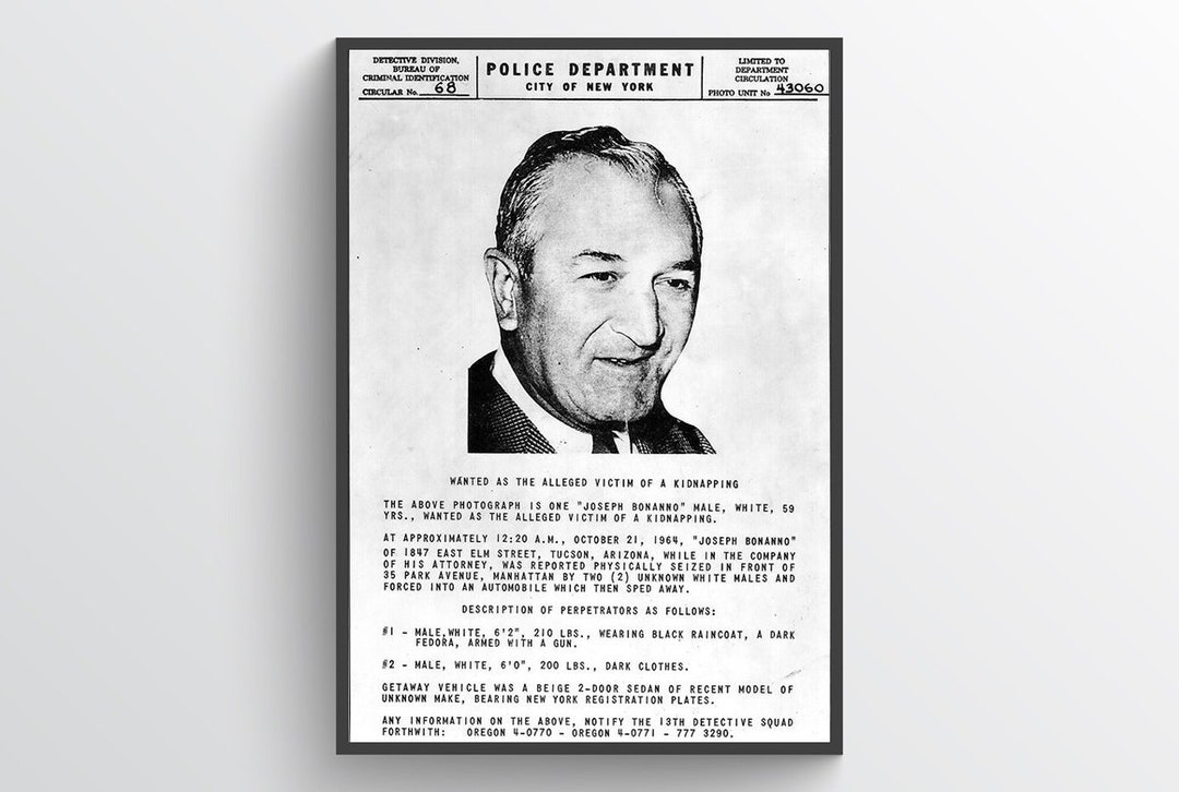 Mafia Poster, Joseph Bonanno Wanted Poster, Crime Leader, Mafia Boss ...