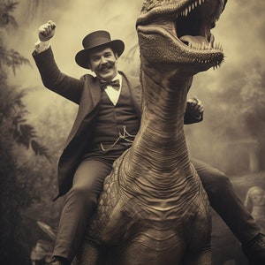 Man Rides Dinosaur T-rex, 19th Century, Print, Poster, Art Poster Print ...